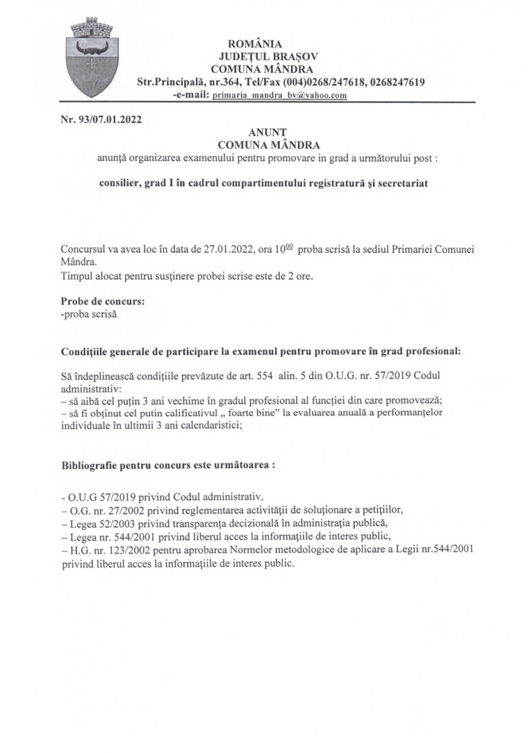 Anunț: organizare examen promovare in grad – consilier, grad I in ...