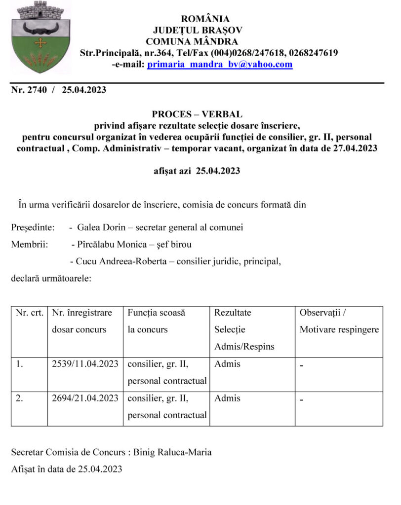 Proces verbal privind afișare rezultate selecție dosare înscriere ...